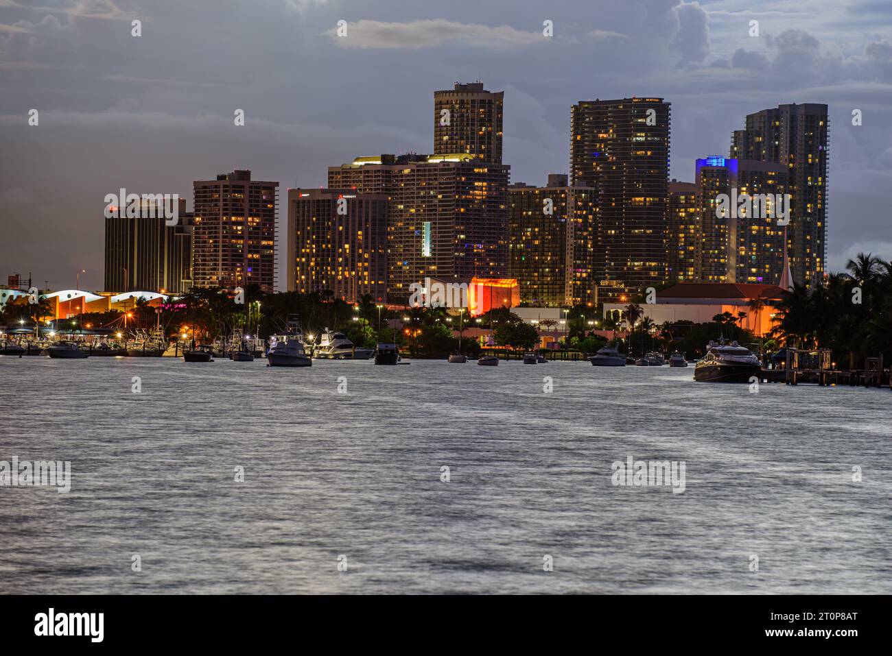 Miami skyline at night - panoramic image. Miami city night Stock Photo ...