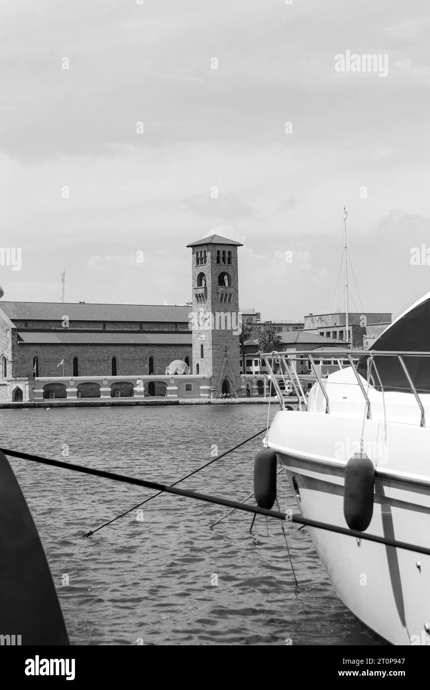 Ekklisia Evaggelismos church building viewed from between the yacht ...