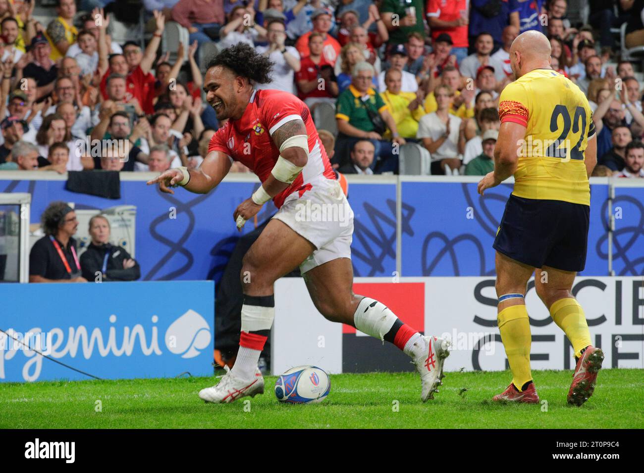 Tonga's Solomone Kata celebrates after scoring a try during the Rugby ...