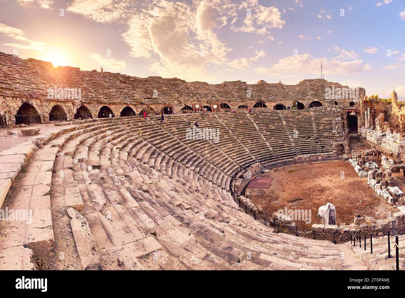 Ancient theatre ruins in Side, Turkey at Sunset. Popular tourist ...