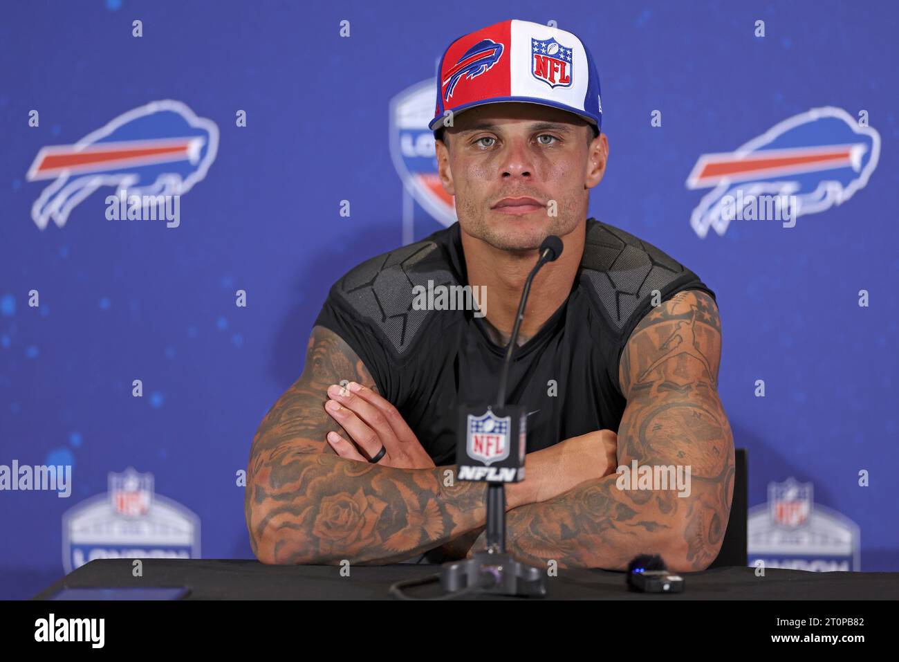 Buffalo Bills safety Jordan Poyer (21) attends a press conference after ...
