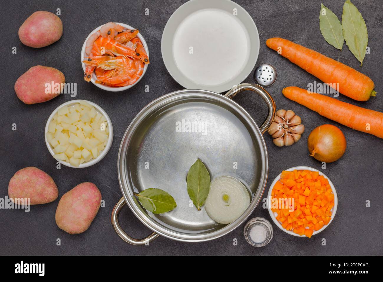 Seafood and vegetables ingredients for cooking clam chowder soup ...