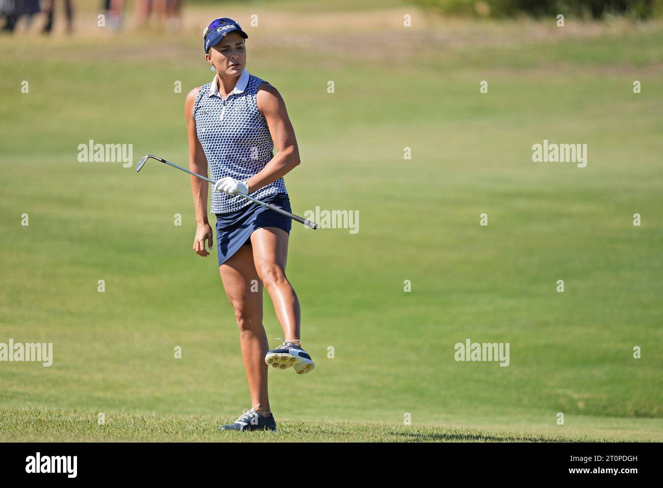 Lexi Thompson reacts to an approach shot on the first hole during the ...