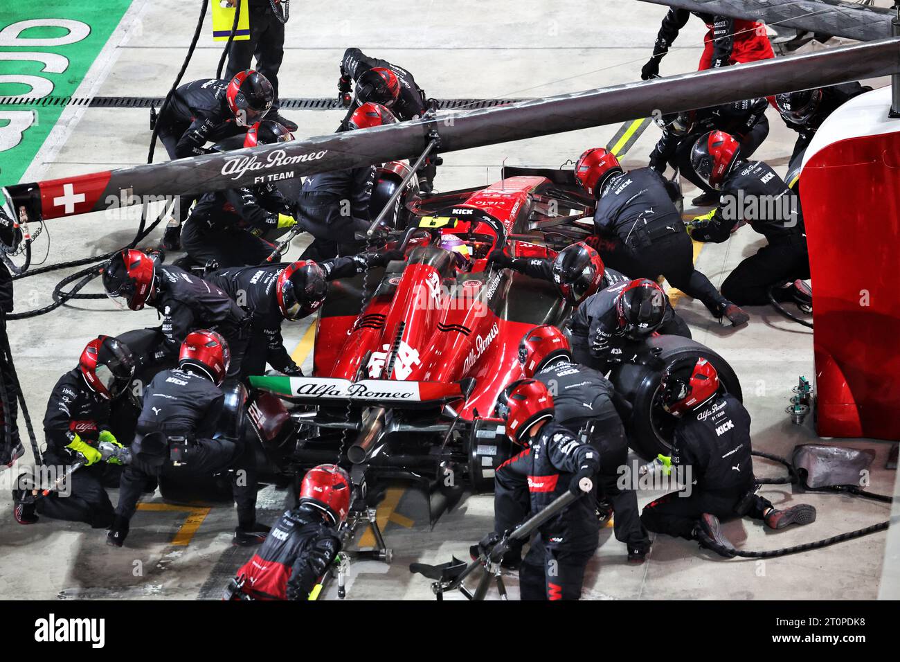 Doha, Qatar. 08th Oct, 2023. Zhou Guanyu (CHN) Alfa Romeo F1 Team C43 makes a pit stop. Formula ...