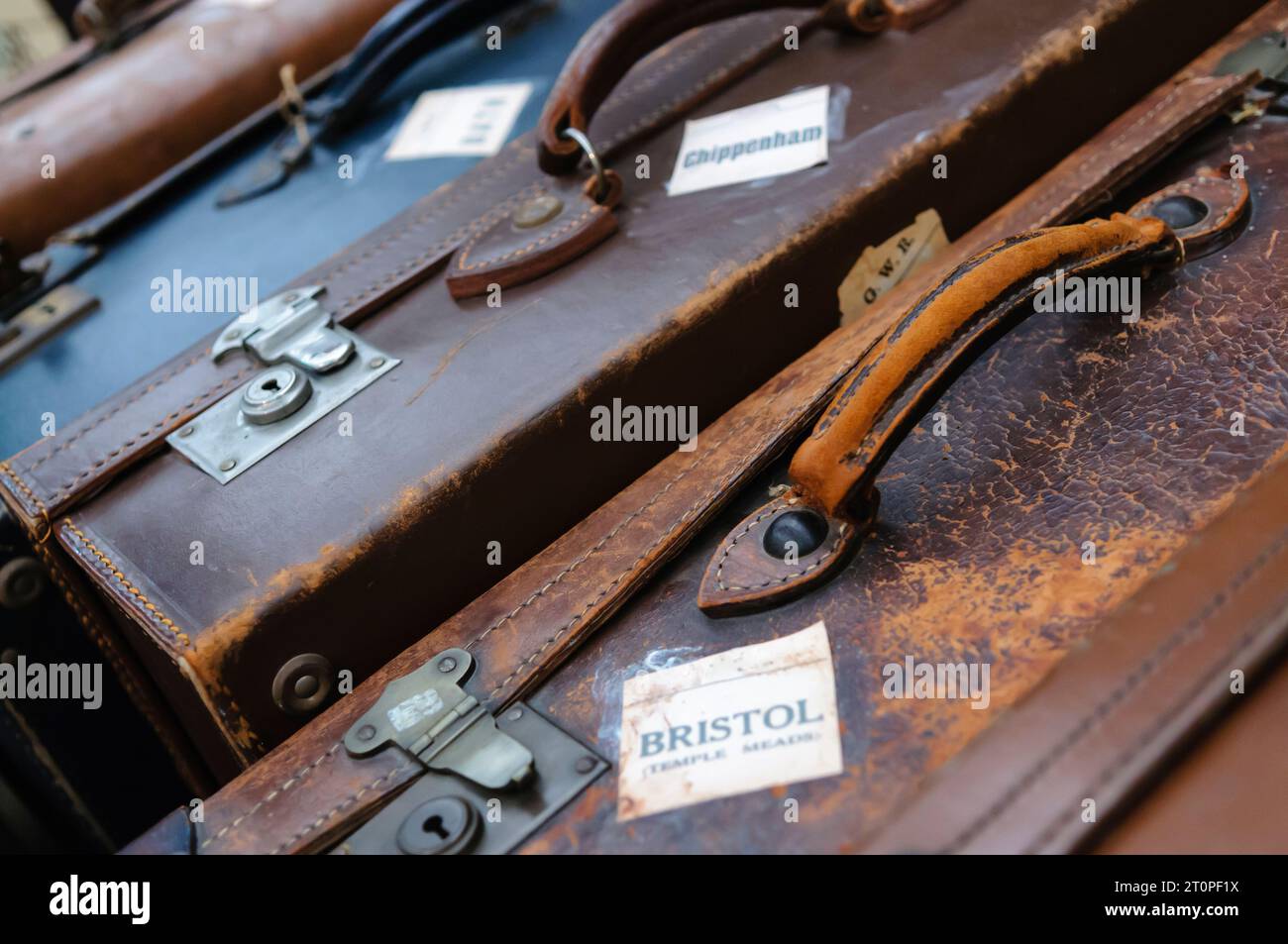 Old fashioned leather luggage cases with destination stickers (NO ...