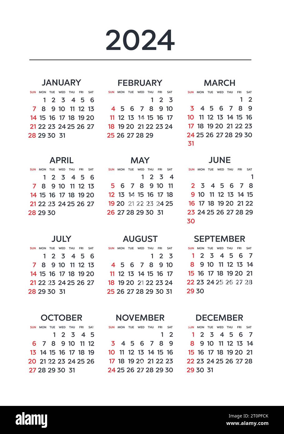 Calendar 2024 year. Black and white vector template. Week starts on ...