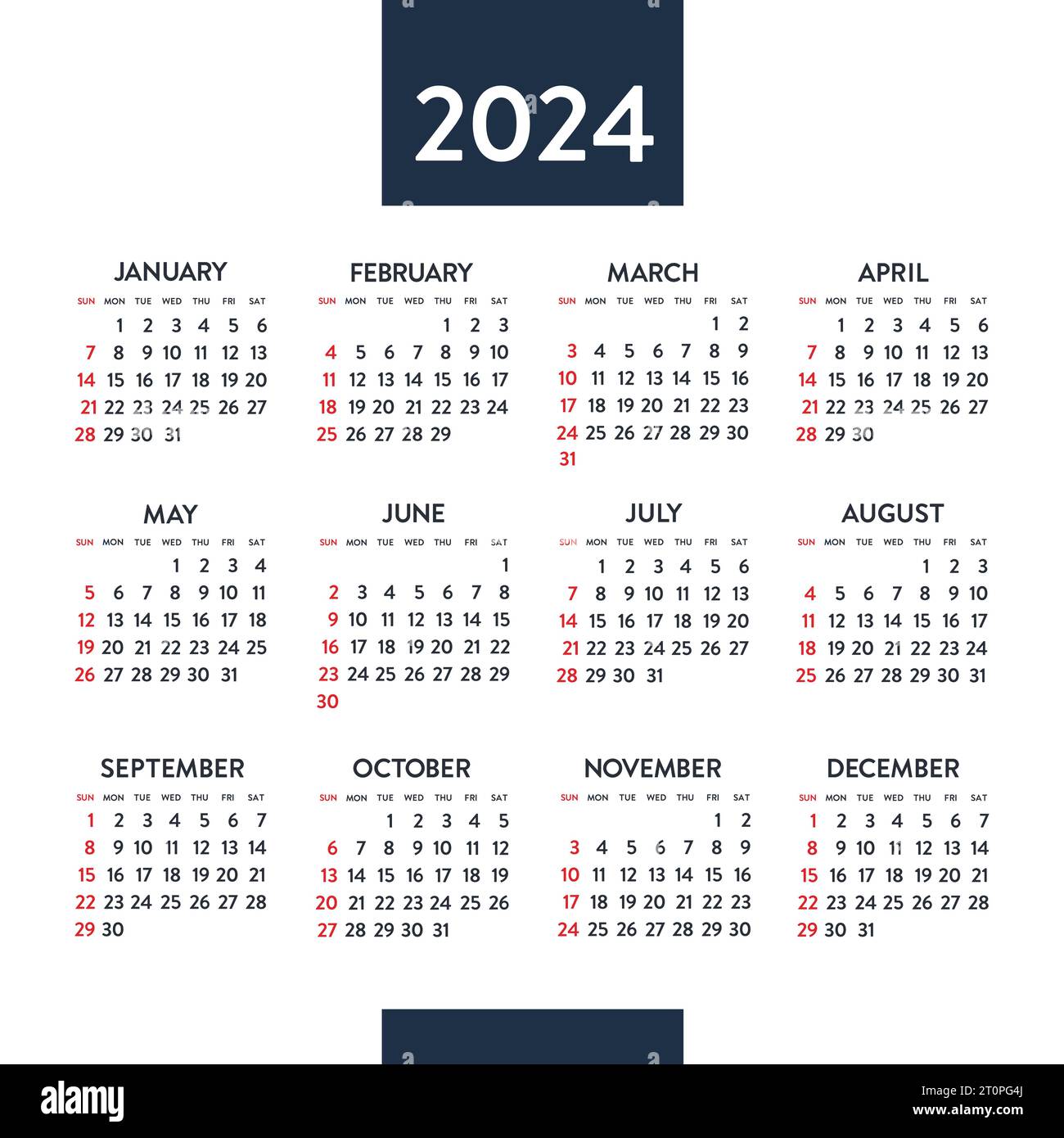 Calendar 2024 year. Black and white vector template. Week starts on ...