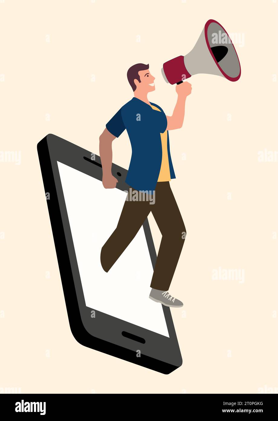 Simple flat vector illustration of a man using megaphone comes out from ...