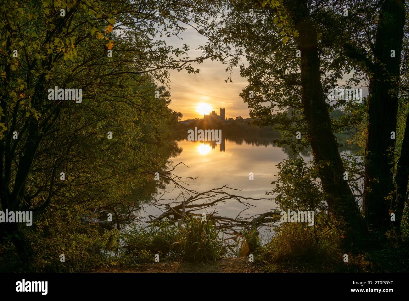 Sunset behind Ely Cathedral, from Roswell Pits Nature Reserve Stock ...