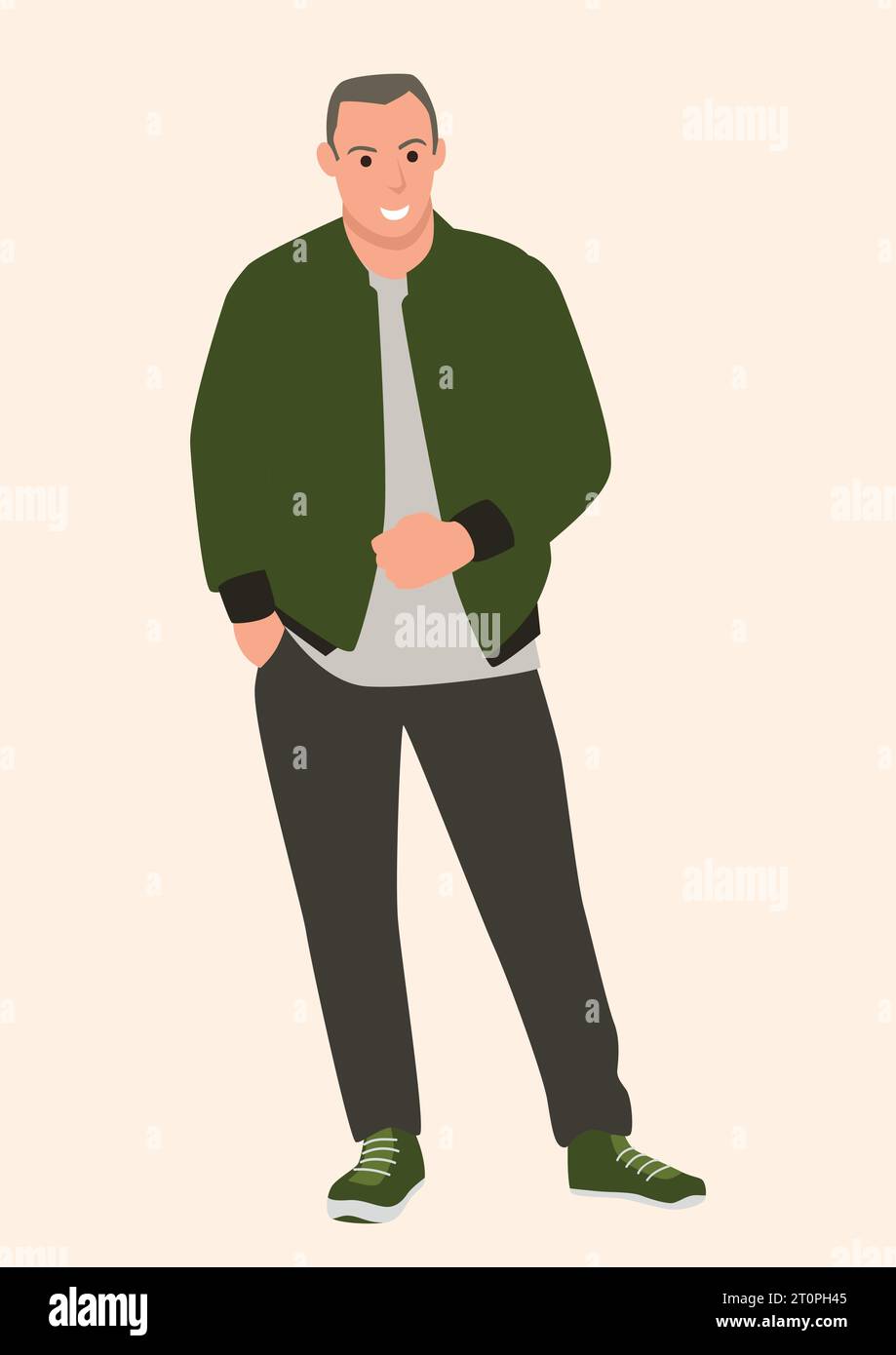 Simple flat cartoon vector illustration of a young man wearing bomber ...