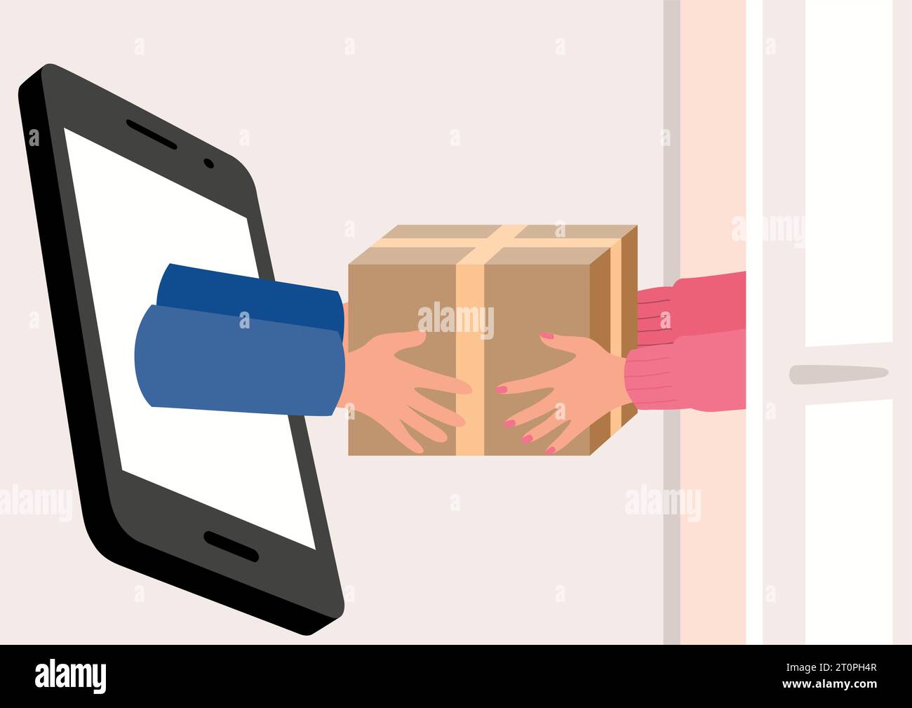 Illustration of hands come out of a smart phone screen delivering a ...