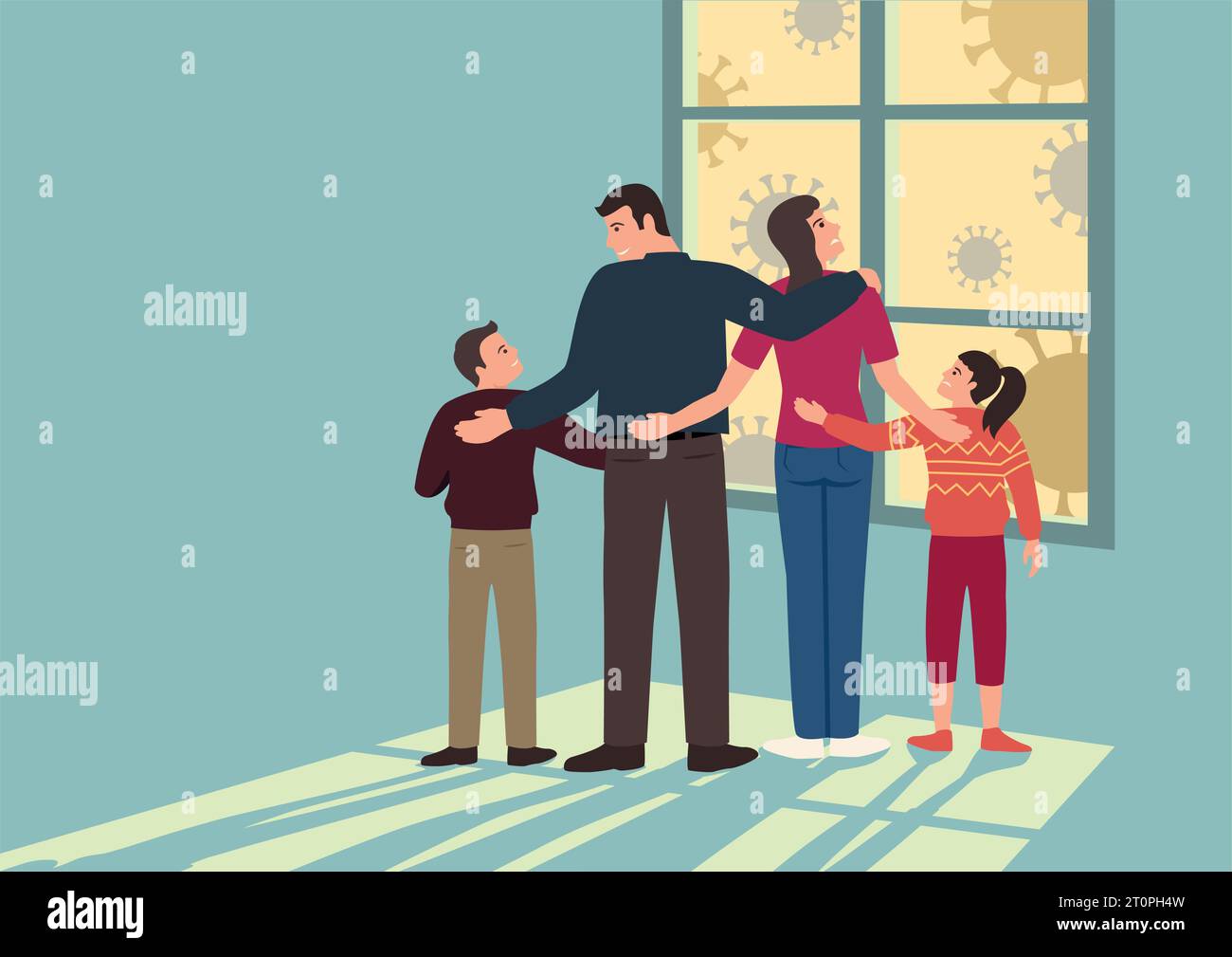 Simple flat vector cartoon illustration of a family stay at home ...