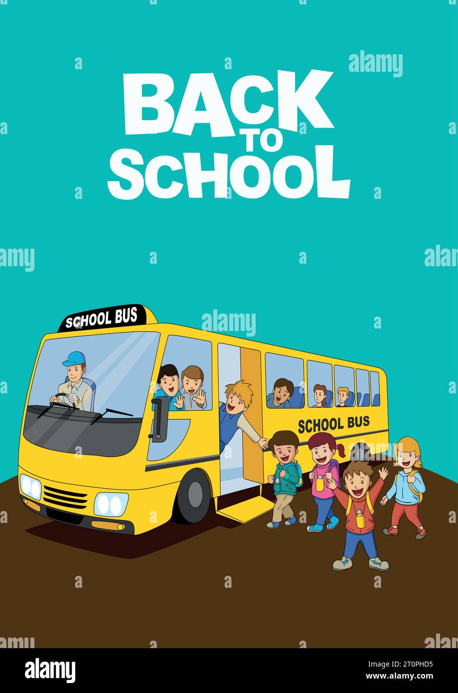 Simple flat cartoon illustration of school children getting on ...