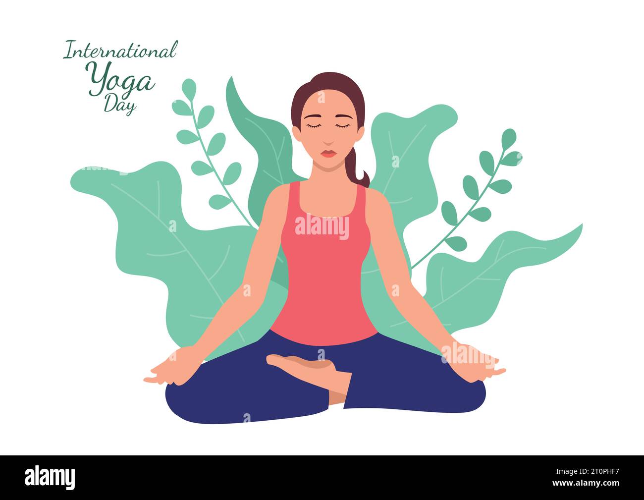 Simple flat vector illustration of a woman doing yoga with leaves ...