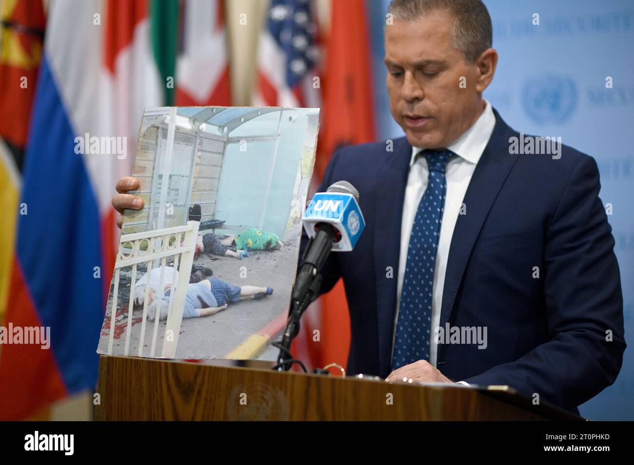 New York, USA. 08th Oct, 2023. While talking to the media, Gilad Erdan ...