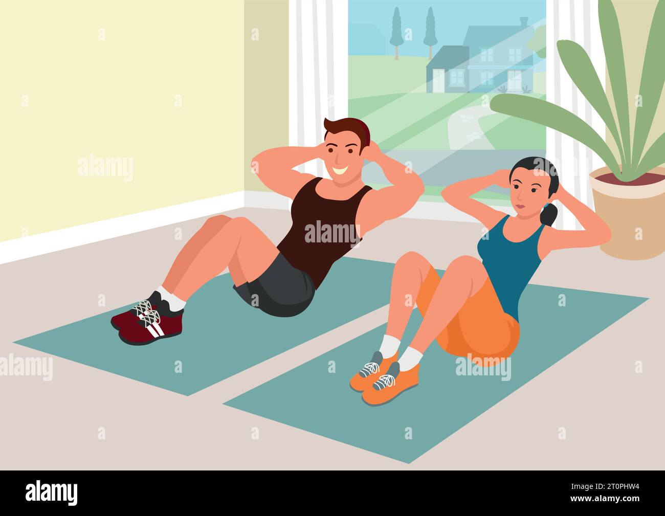 Simple flat vector cartoon illustration of couple working out together ...