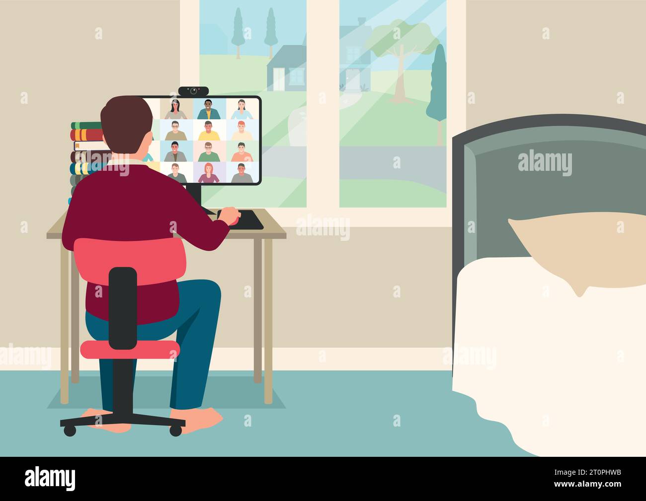 Simple flat vector cartoon illustration of a young boy online schooling ...