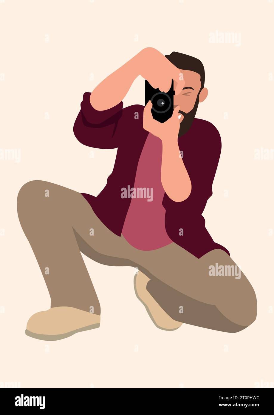 Simple flat cartoon vector illustration of a man holding photo camera ...