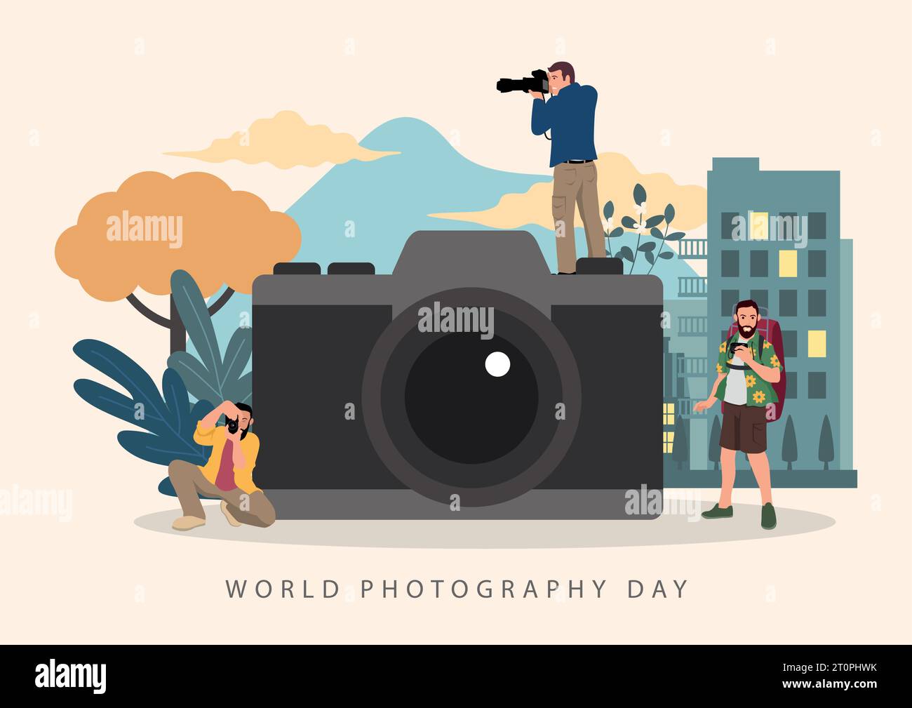 Simple flat cartoon vector illustration of photographers with big ...