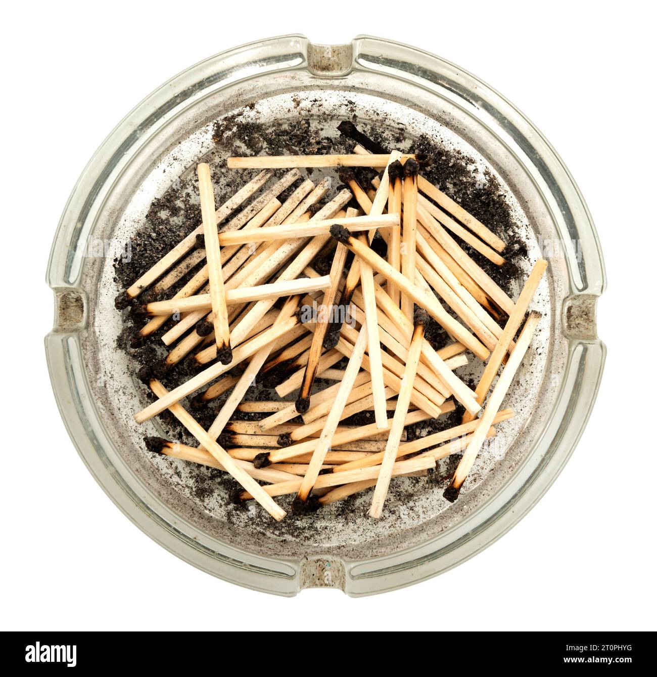 Ashtray with burnt matches on a white background. View from above ...