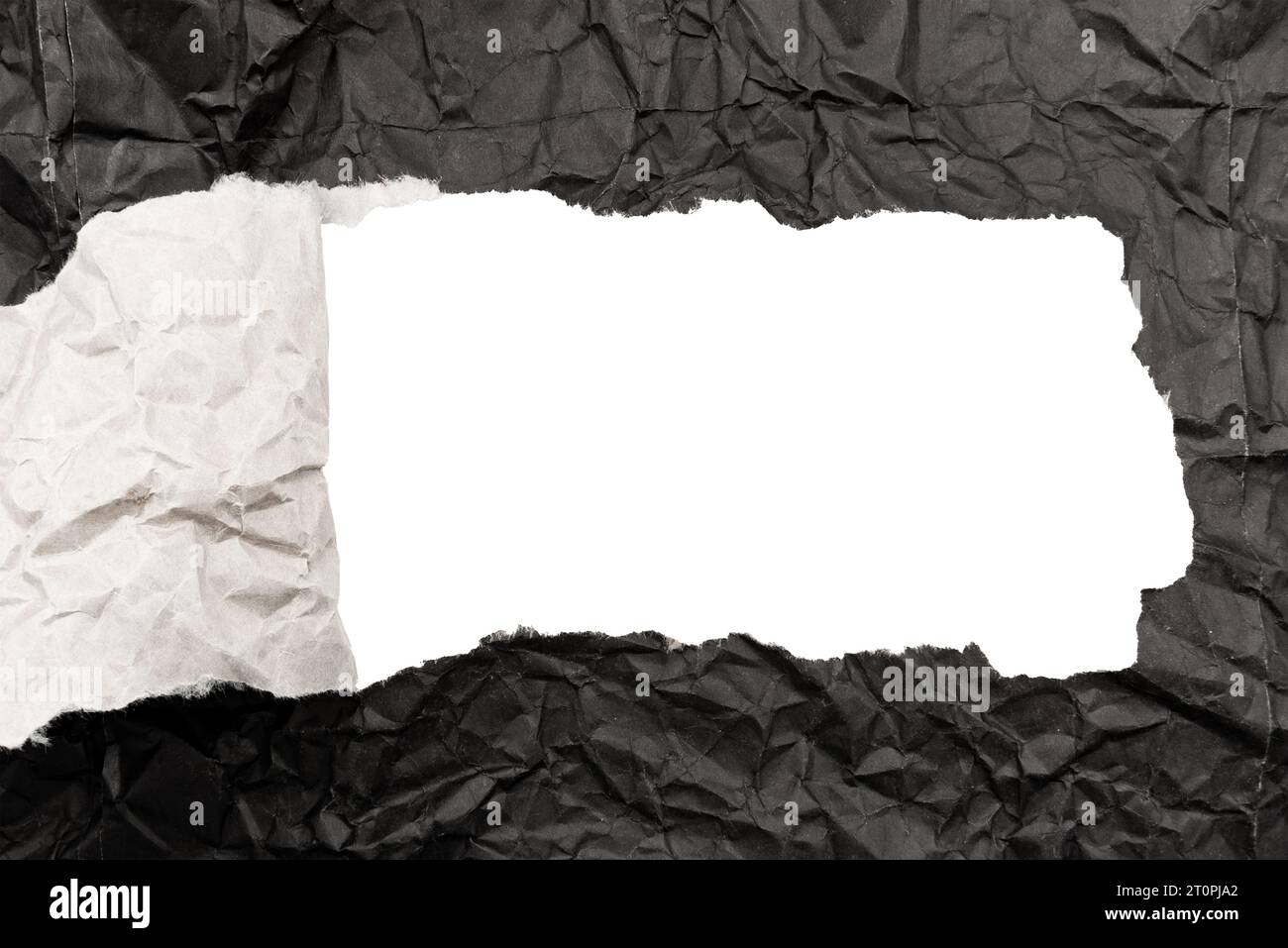 Black paper background with copy space. Hole on a crumpled dark sheet ...