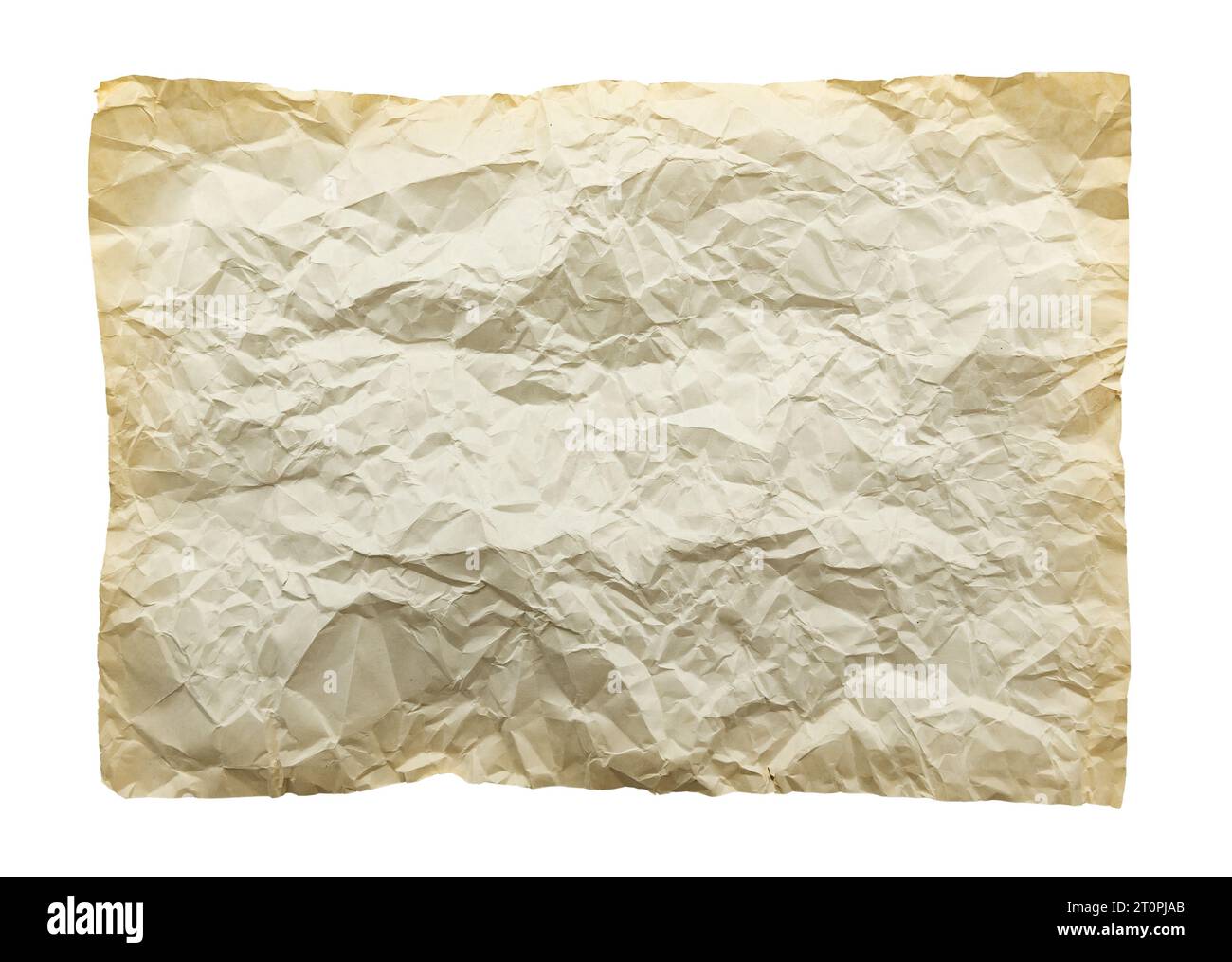 A sheet of old yellowed crumpled paper on a white background. Isolate ...