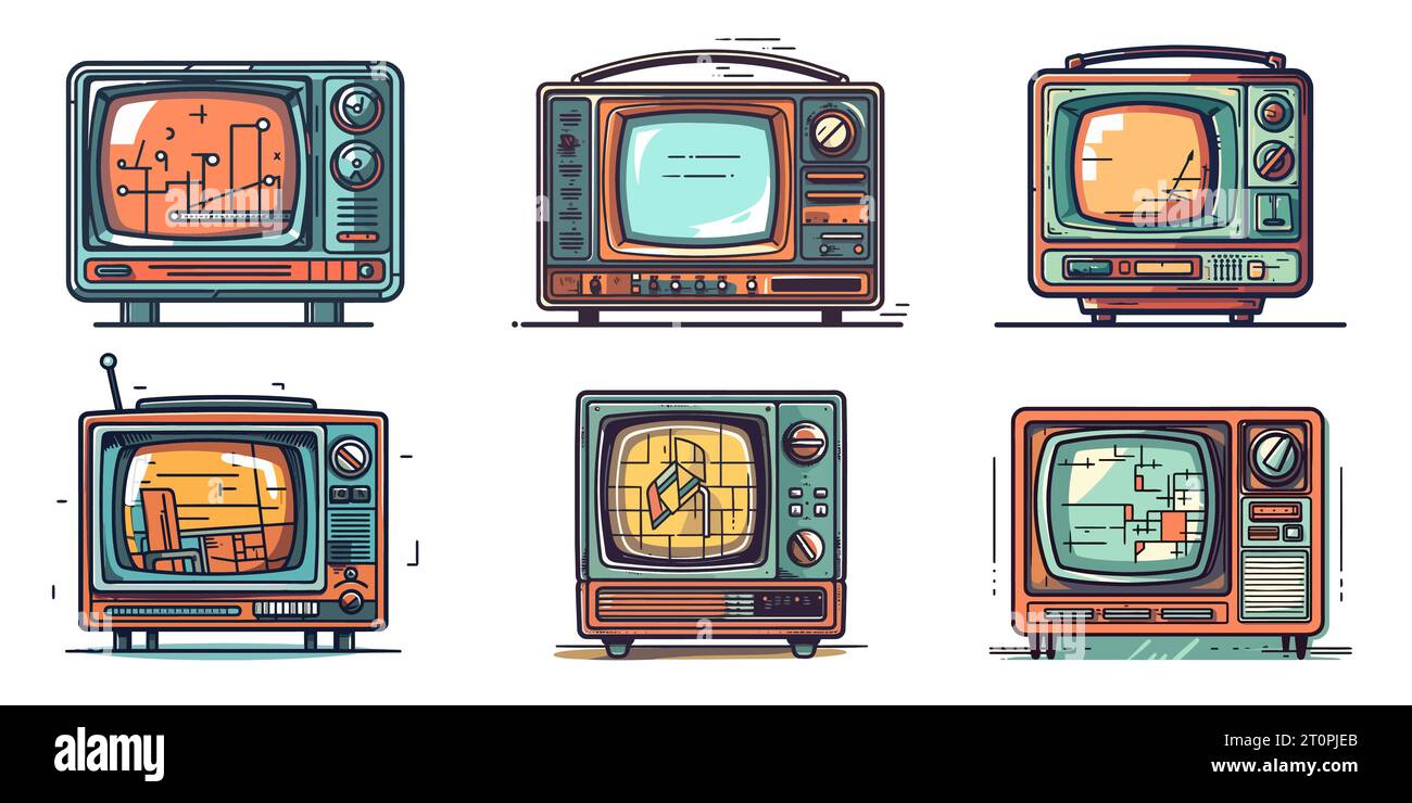 Classic retro TV. Set of old analog TV in cartoon style. Analogue retro ...