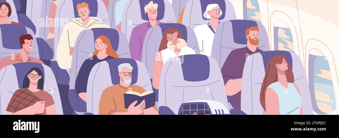 Passengers on plane. People sitting on airplane board, air flight concept. Aircraft travellers ...