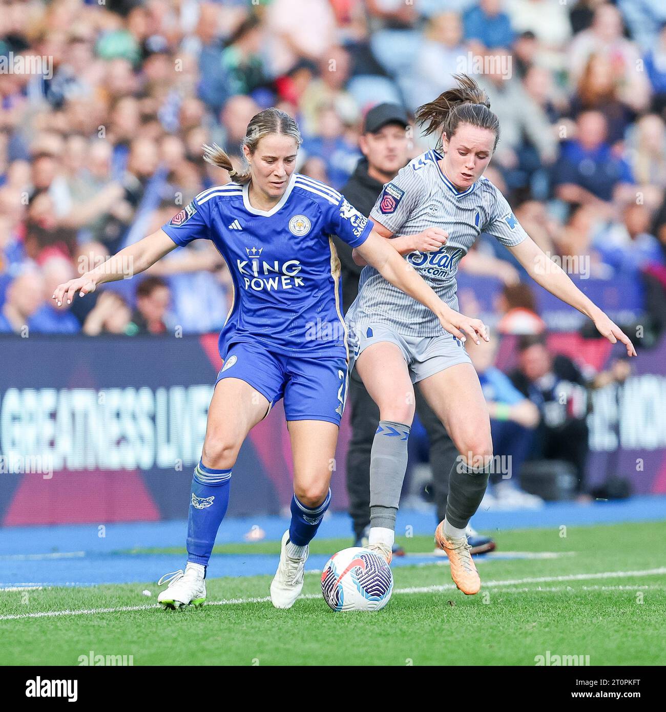 Leicester, UK. 08th Oct, 2023. Leicester's Courtney Nevin holds off the ...