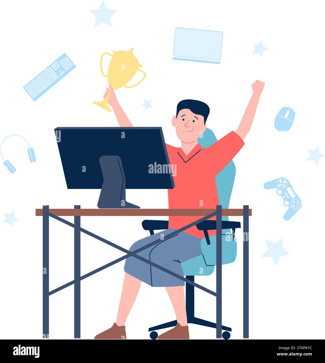 Cyber sport player. Digital competition winner with gold cup. Happy guy ...