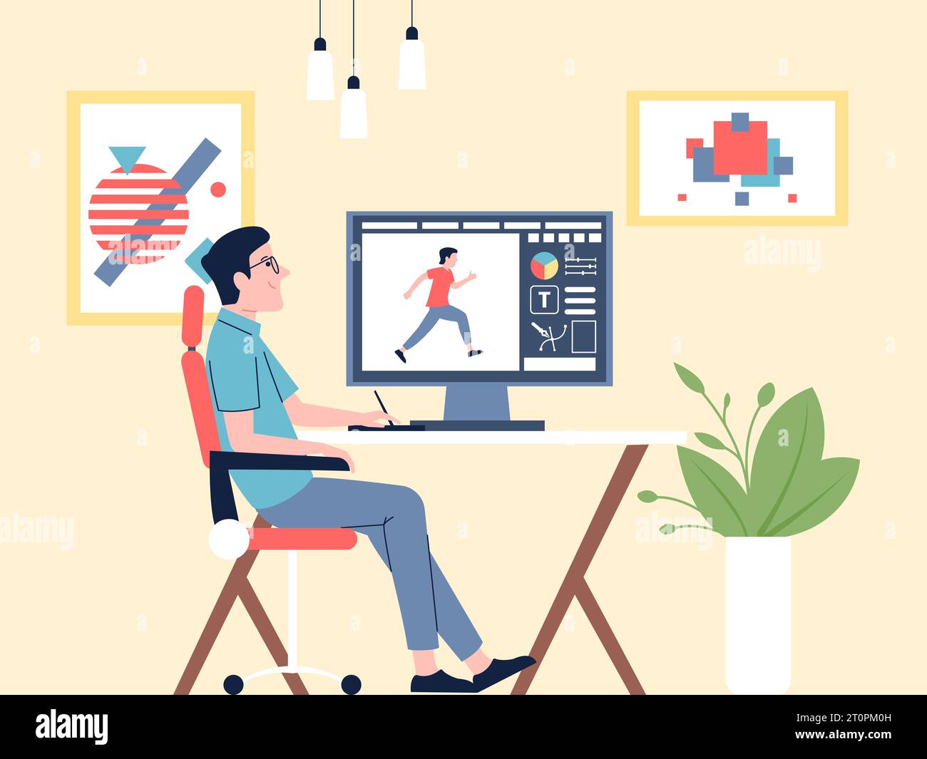 Graphic designer character. Man working on project with computer ...