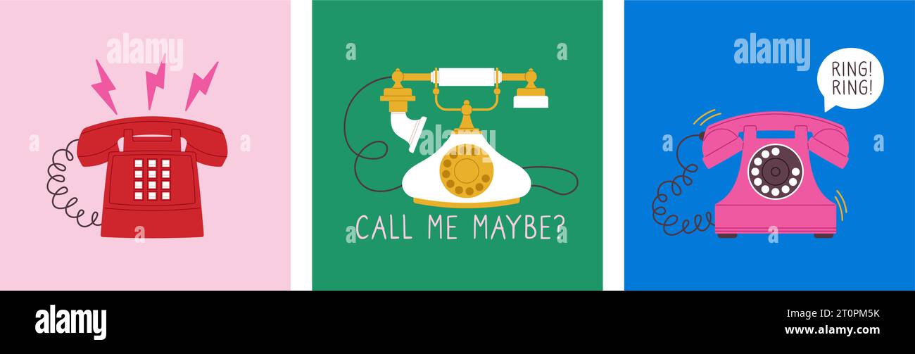 Dial wire phones cards. Various communication devices retro style ...