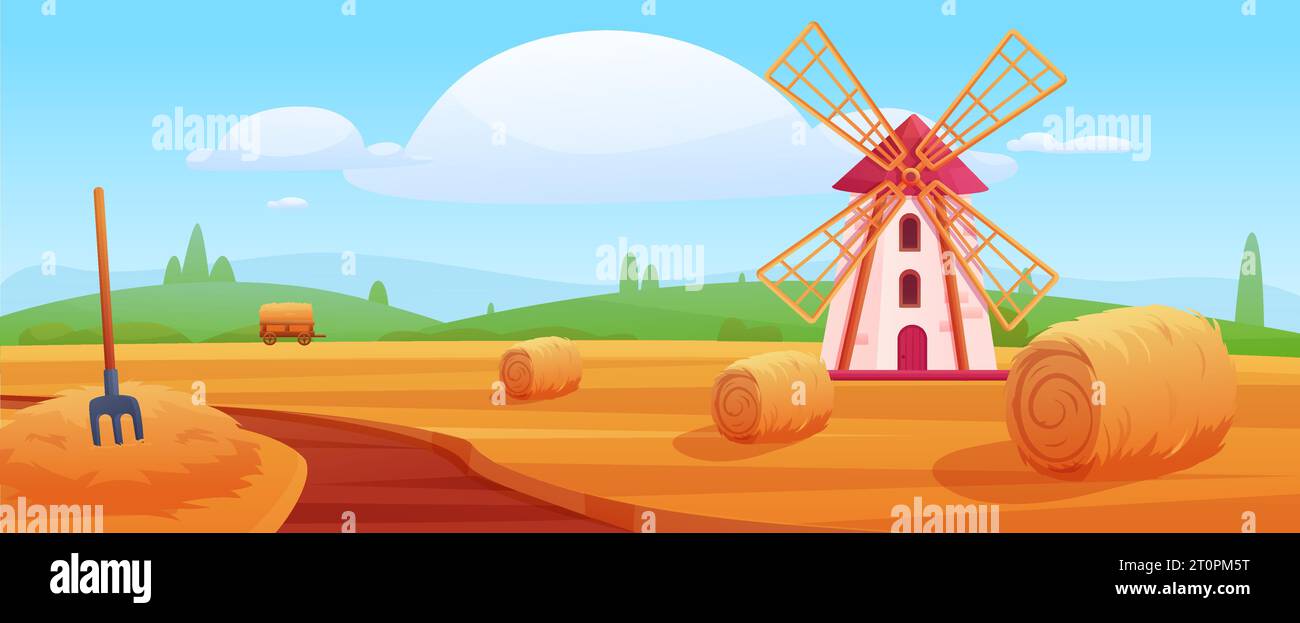 Hay rural landscape, countryside. Agriculture field with windmill and ...
