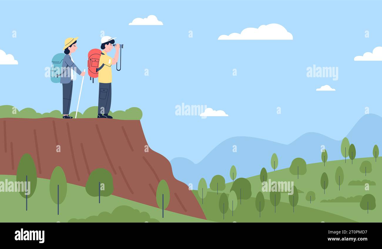 Couple in hiking on nature stand on mountain and look on valley. People ...