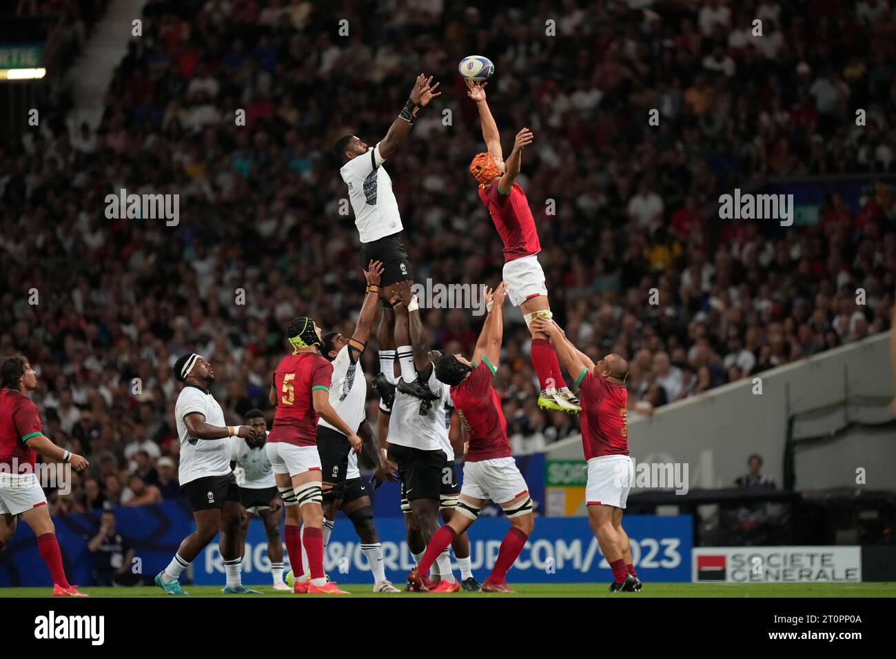 Fiji's Temo Mayanavanua, top left, contest a line out with Portugal's ...