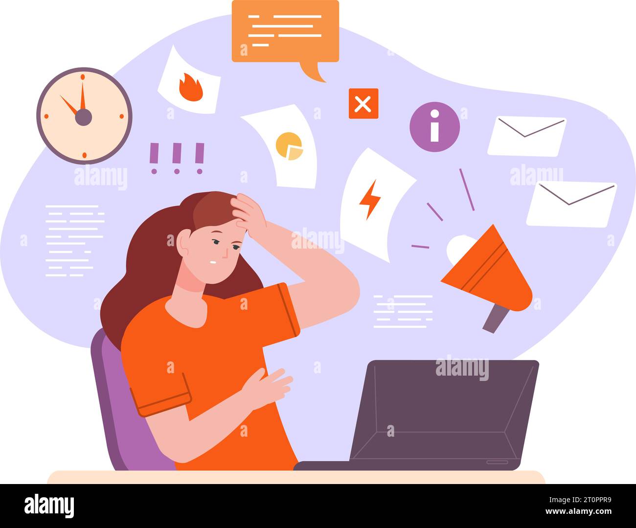 Info stress. Overwhelmed information or internet data excess, task overload head of busy working ...