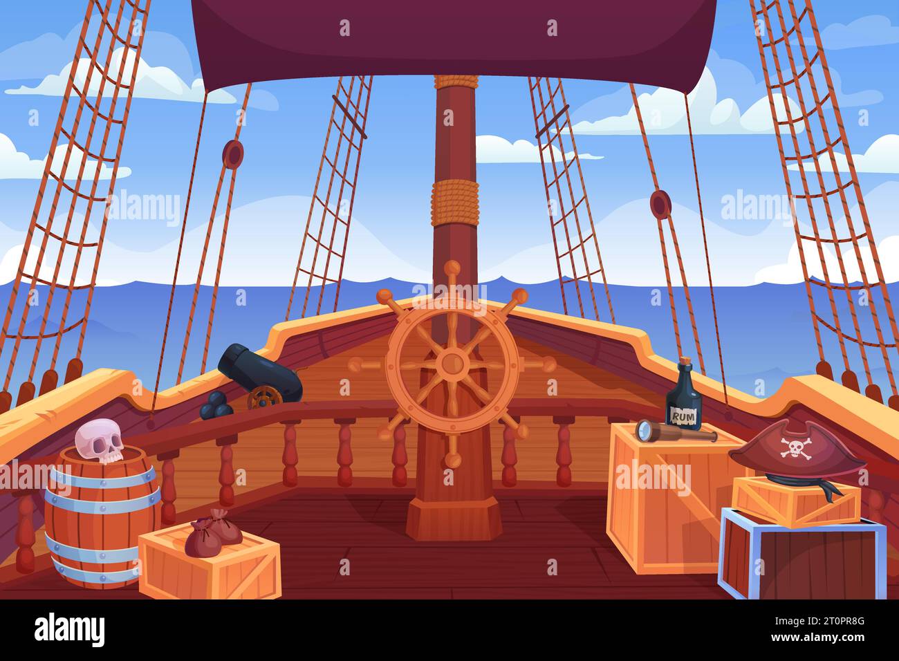 Ship deck. Pirate sailing ships board view, captain bridge entrance of ...