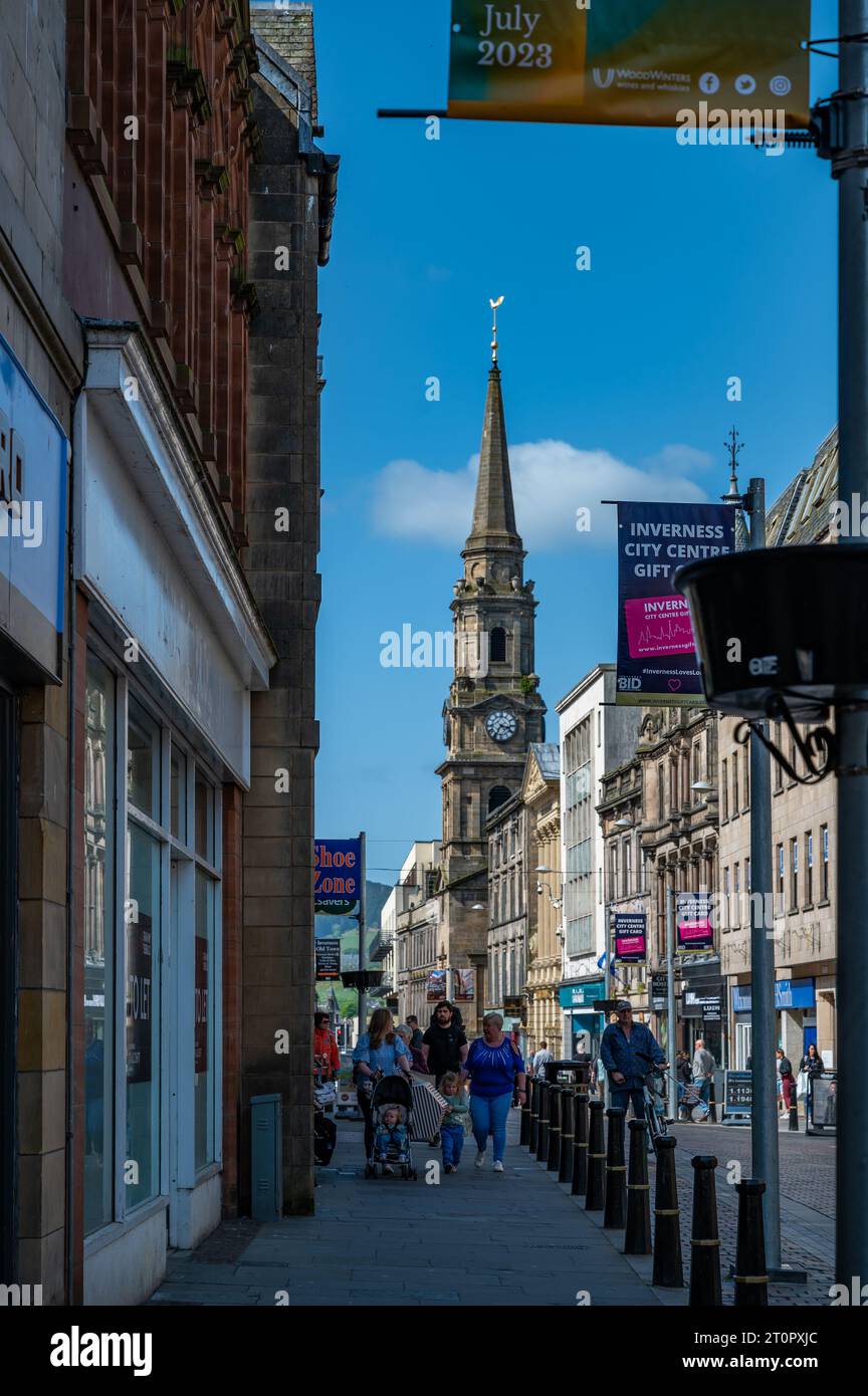 City center of Inverness with shopping street and Town Steeple Tolbooth ...