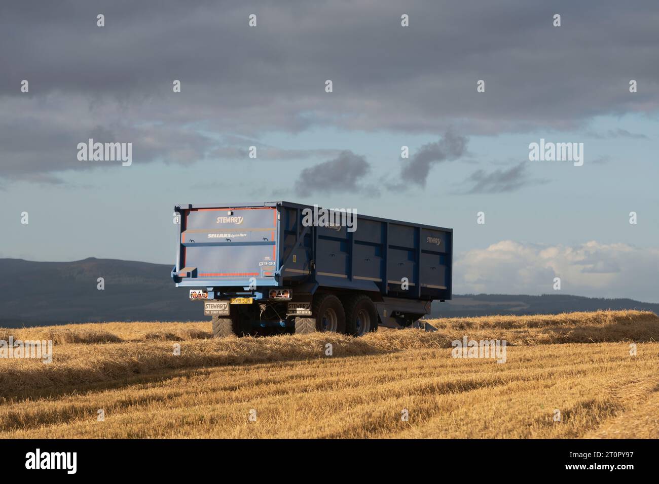 A Blue Grain Trailer Standing in a Stubble Field in Late Afternoon ...