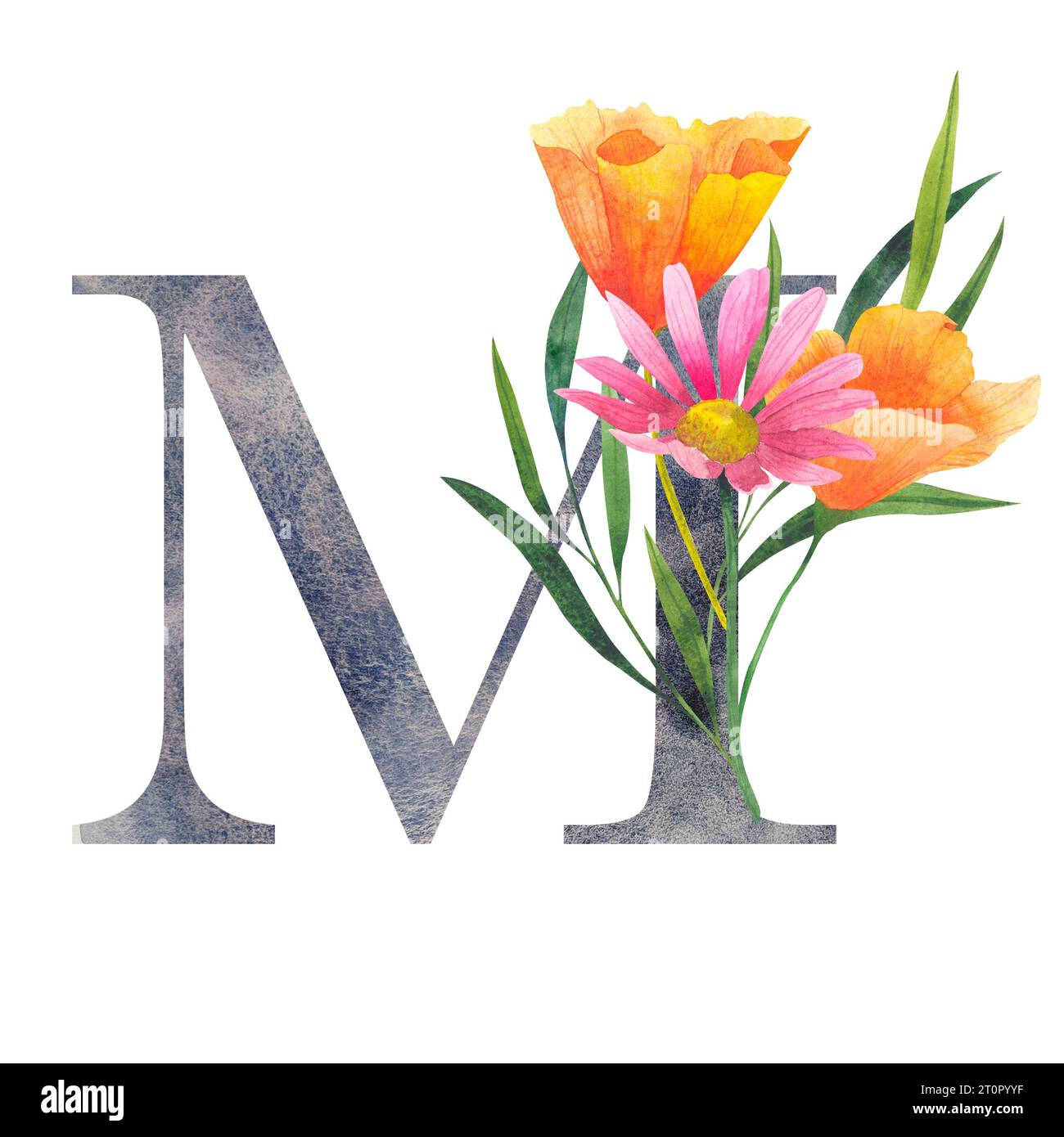 Letter M with watercolor wildflowers. Floral alphabet, isolated with ...