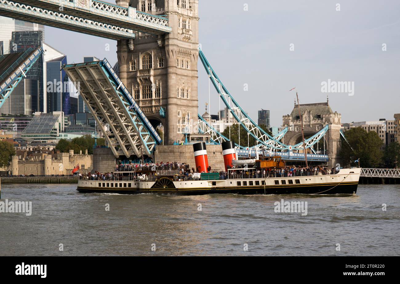 Tower Bridge Raised For Vintage Paddle Steamer Waverley Stock Photo - Alamy