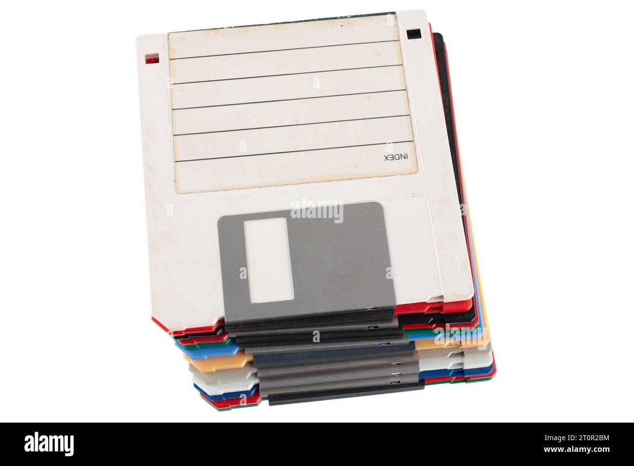 Colored old retro floppy diskettes in stack. Isolated on white ...