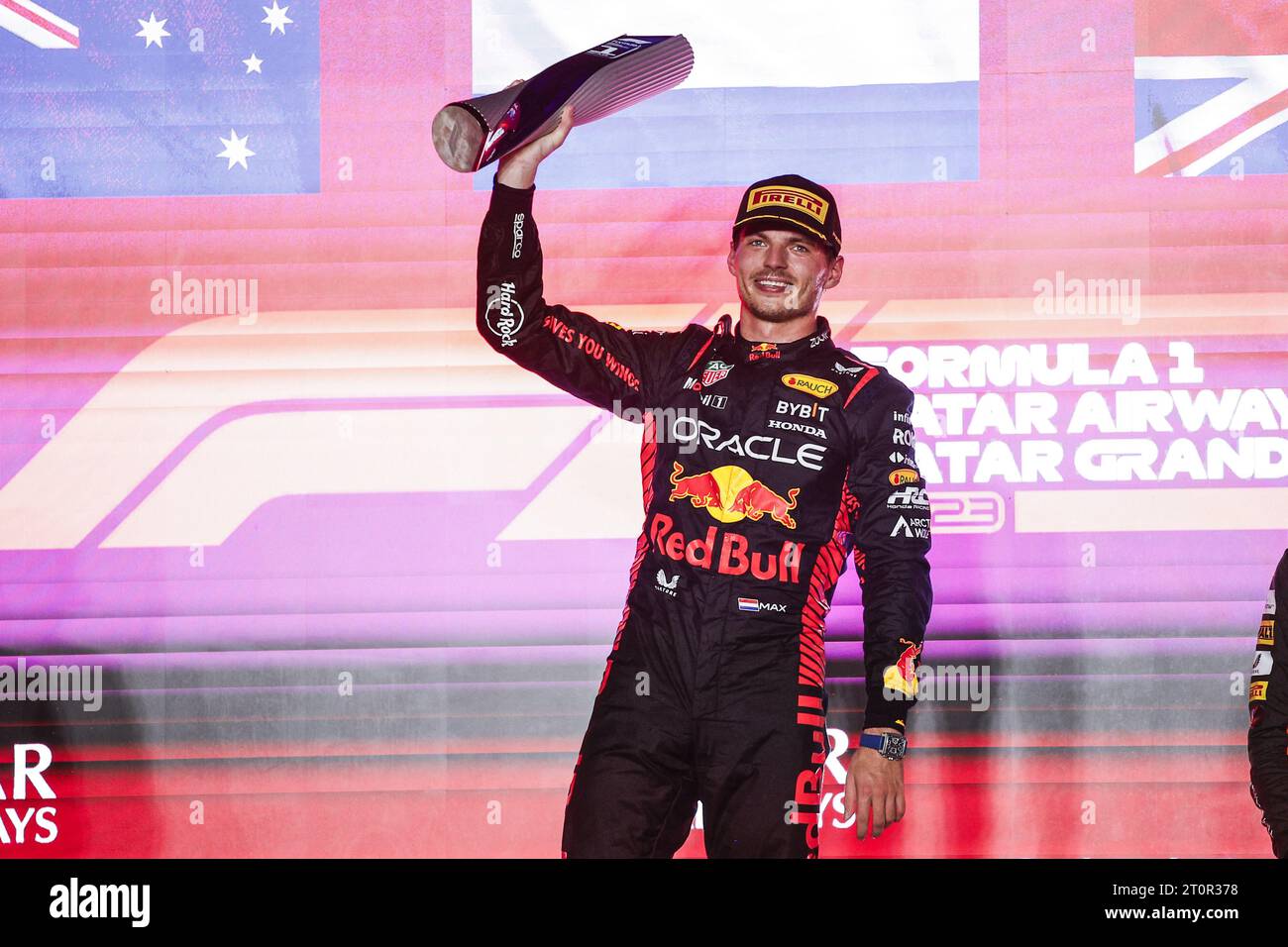 VERSTAPPEN Max (ned), Red Bull Racing RB19, portrait podium during the 2023 Formula 1 Qatar ...