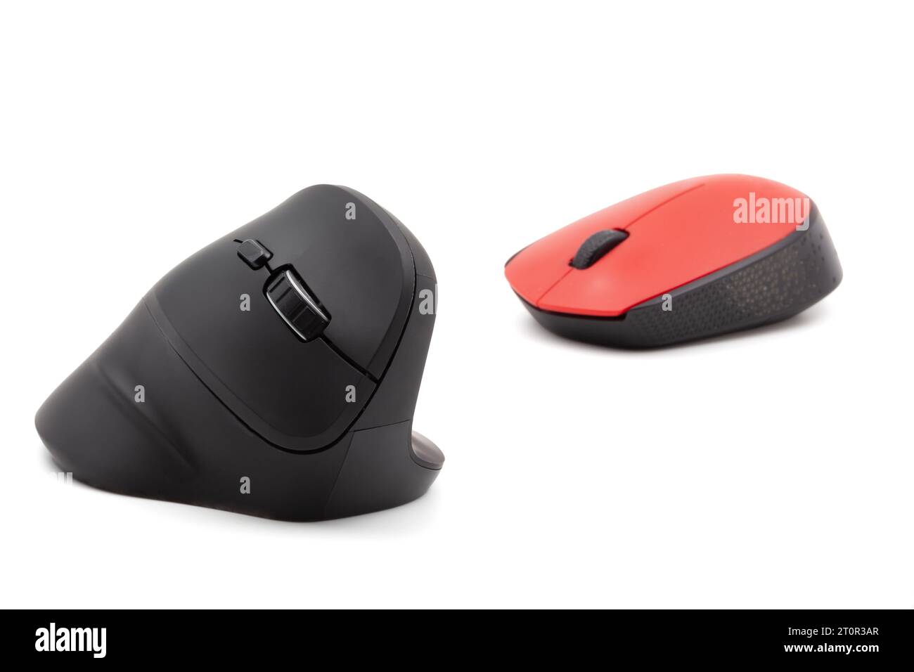 Vertical black and horizontal red computer mouse on a white background ...
