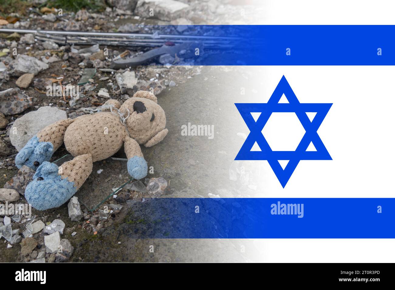 A toy (teddy bear) next to broken glass against the background of the ...