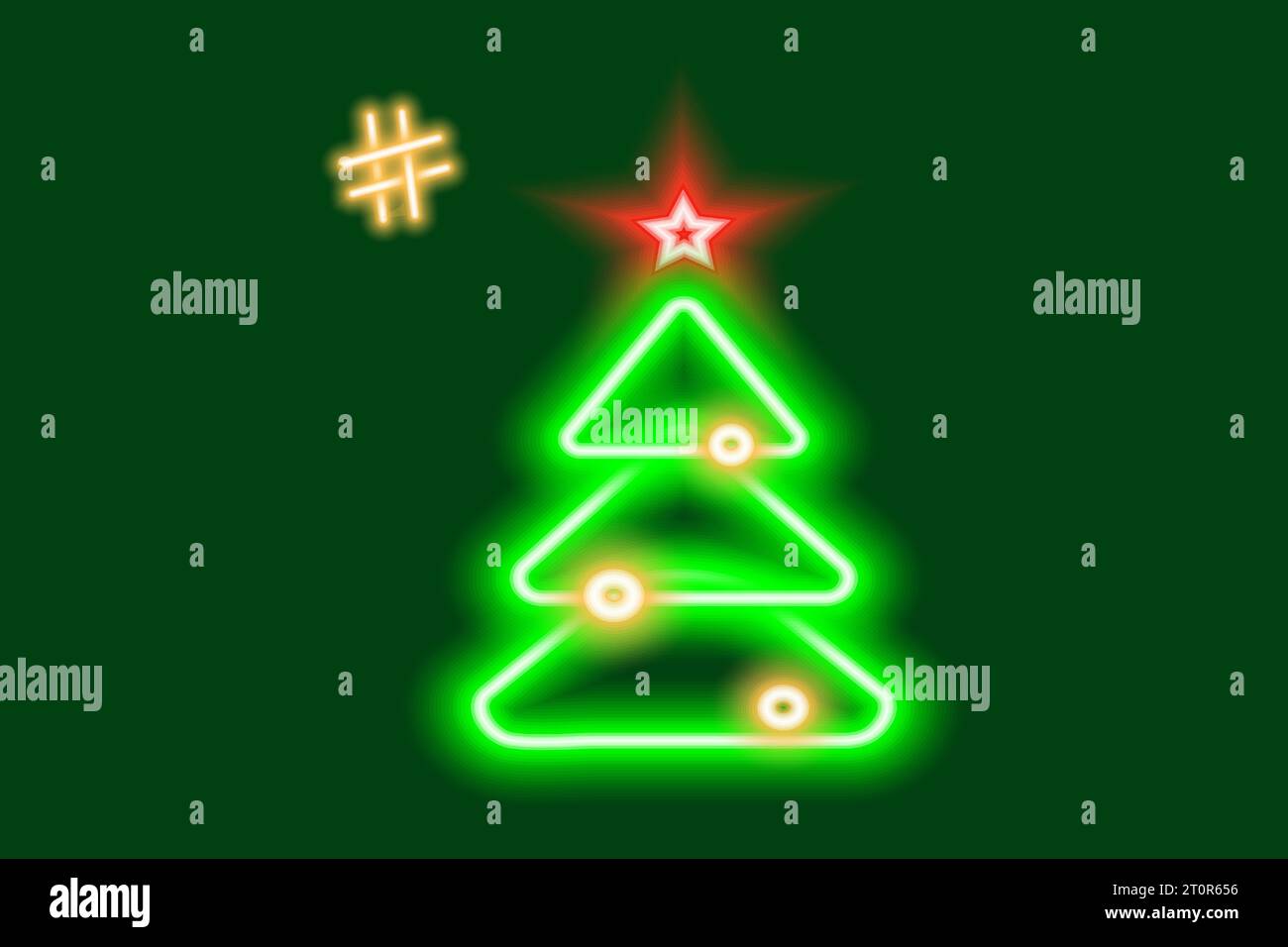 Neon image of a glowing Christmas tree with a hashtag sign. Marry ...