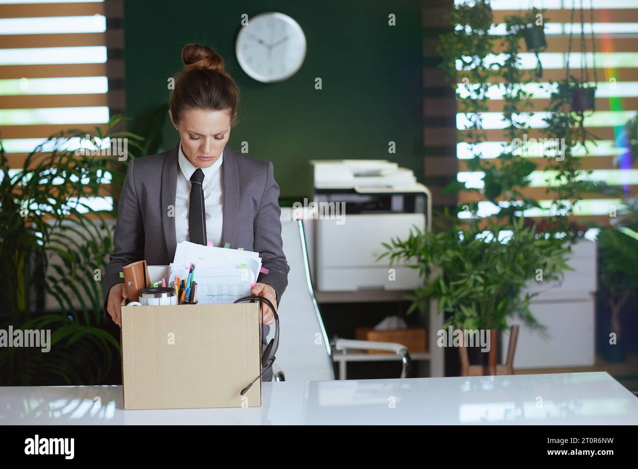 New job. Closeup on modern female worker in modern green office in grey ...