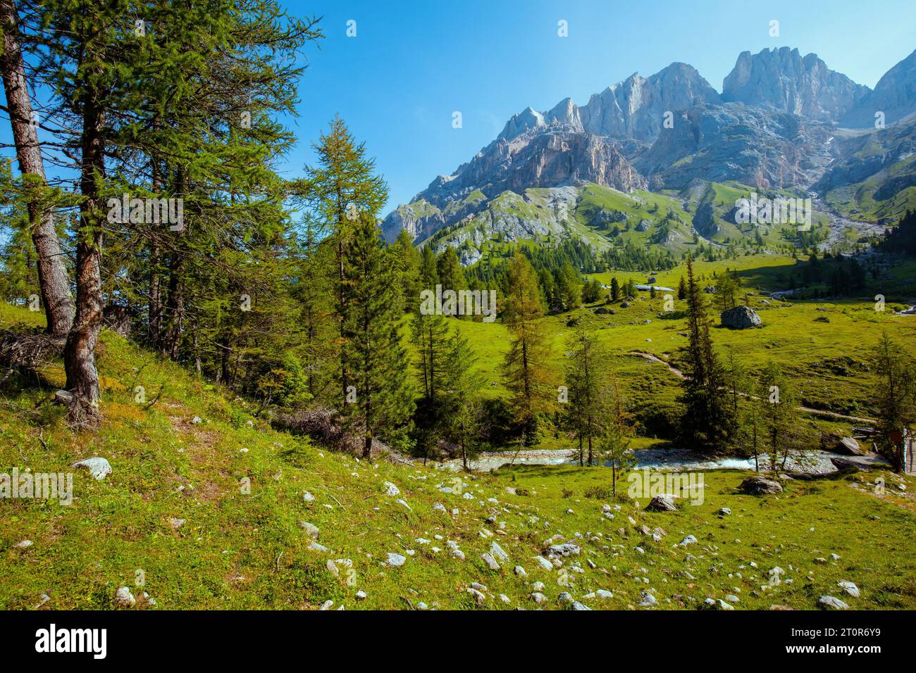 Summer time in Dolomites. landscape with mountains, meadow, rocks and ...