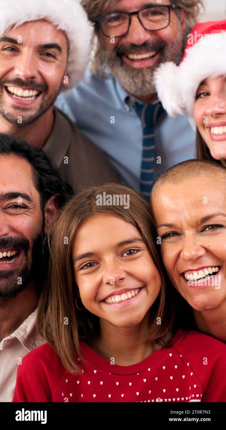 Christmas portrait joyful family posing smiling hugging photo. Three ...
