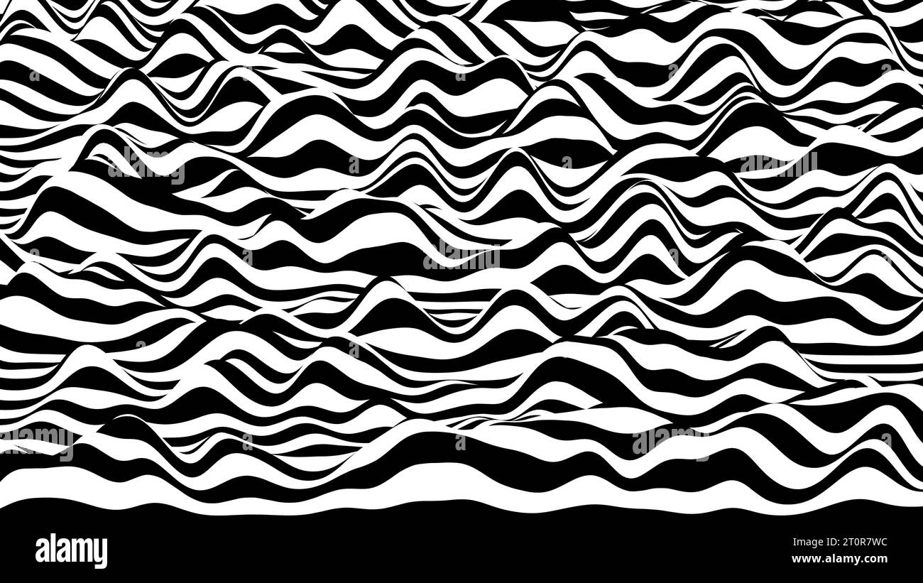 Trendy 3D black and white stripes distorted backdrop. Procedural ripple ...